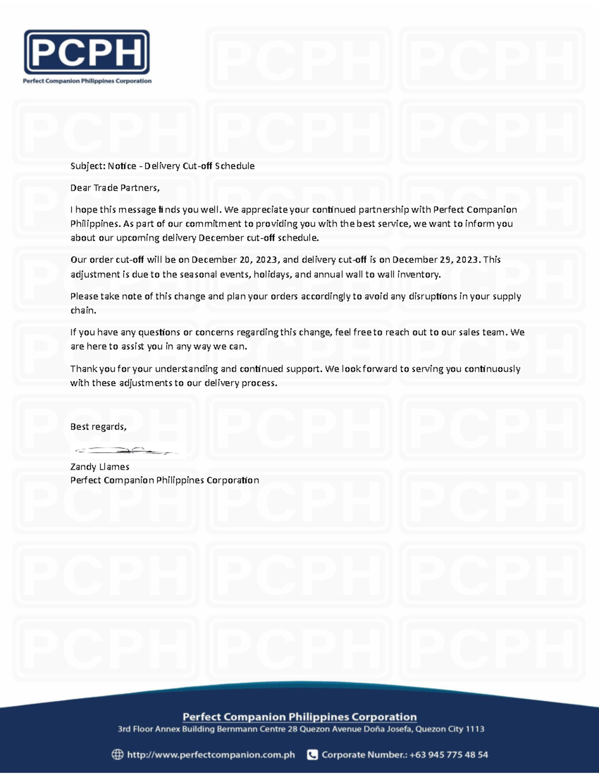 PCPH December Purchase and delivery Cut-off - Subject: Notice ...