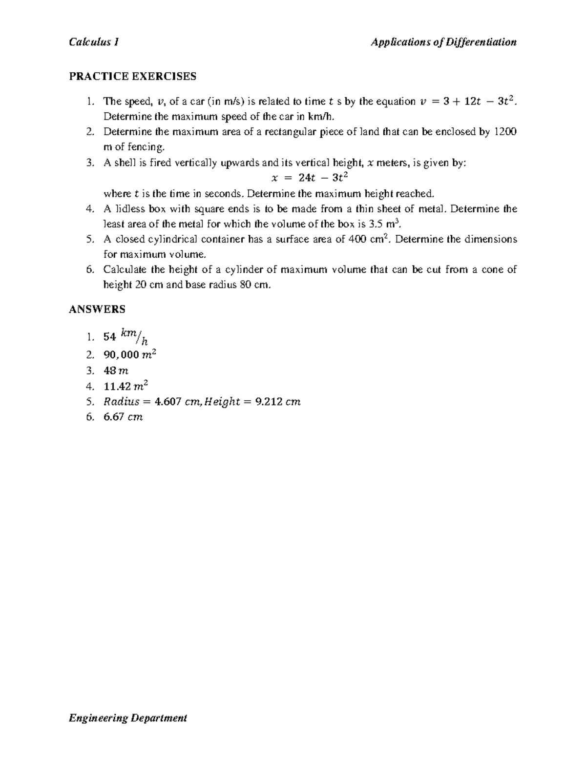 3.4 Problems Involving Maximum and Minimum Values - Practice Exercise - Calculus 1 Applications ...