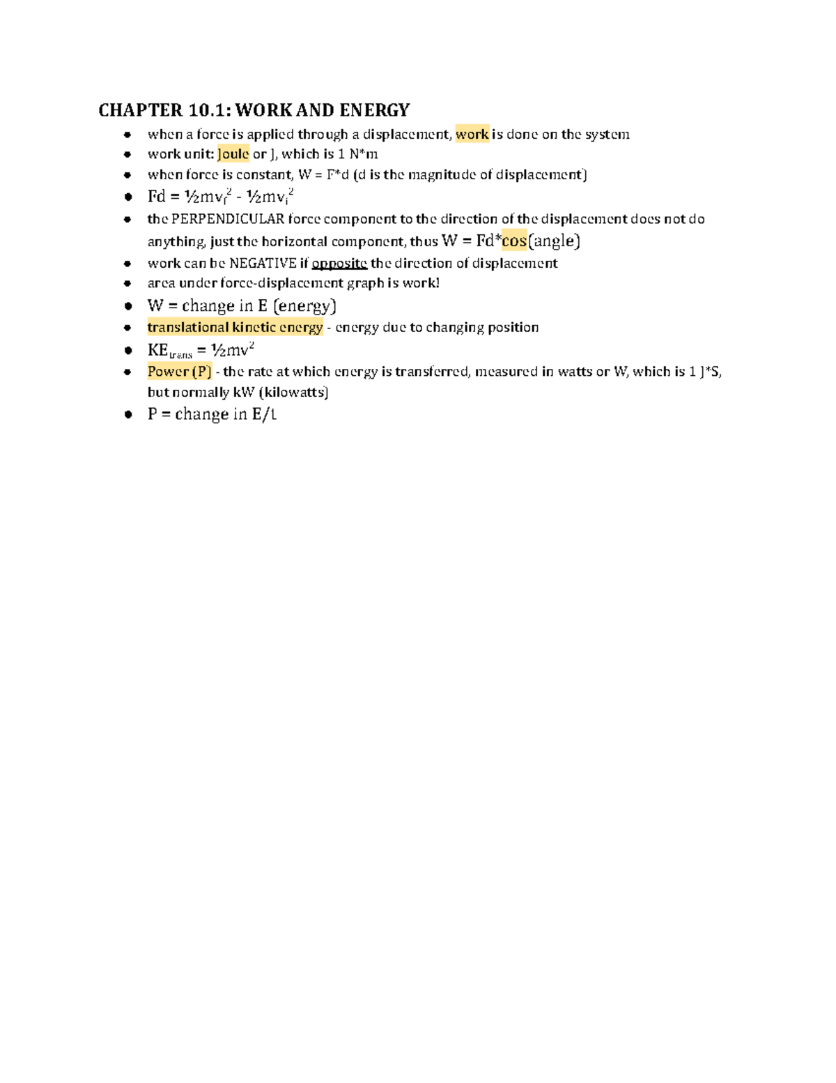 Physics Honors - Chapter 10.1 - Work/Energy - CHAPTER 10: WORK AND ...