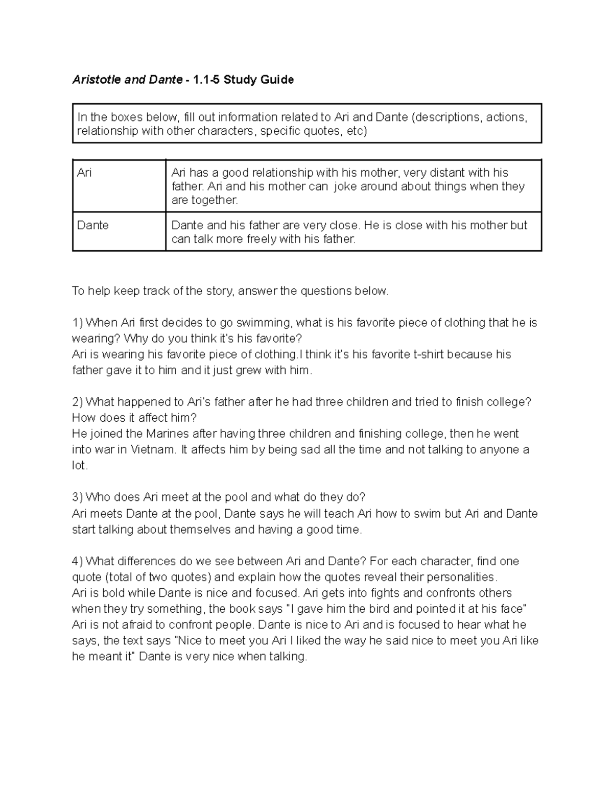 Ariel Hernandez - Study Guide 1 - Aristotle and Dante - 1-5 Study Guide ...