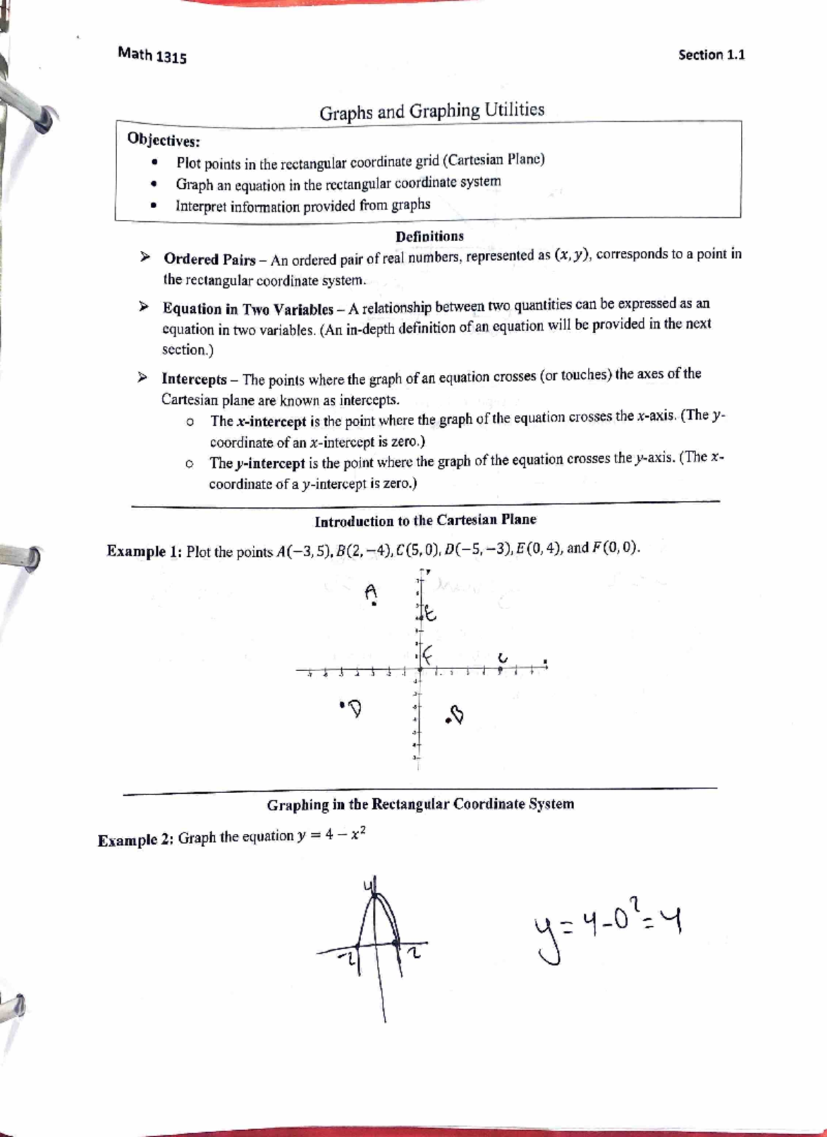 Math 1315 1.1 notes - College algebra graphs and graphing utilities ...