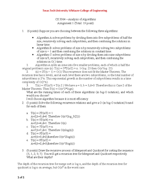 CS 3364 Multiple Choice HW Section 3 - CS 3364 3 Design & Analysis of Algorithms Multiple Choice ...