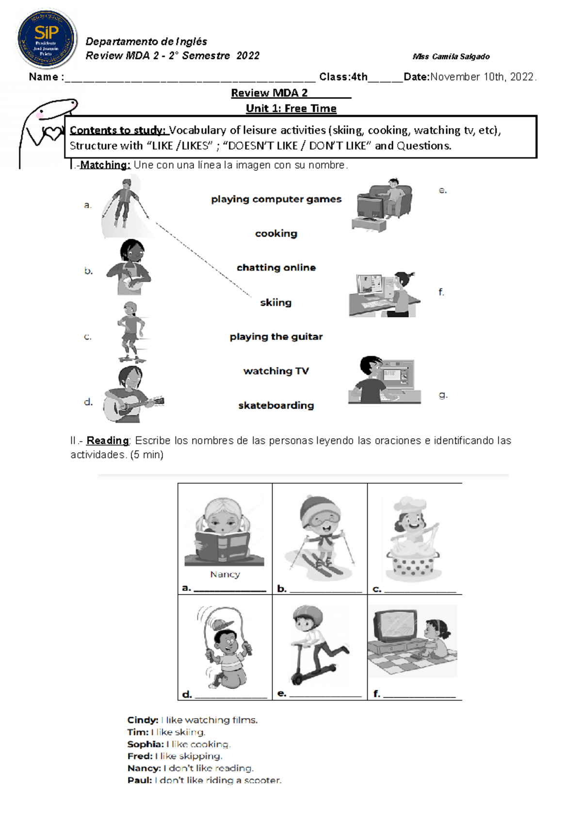 Worksheet MDA 2- 4th grades 2022 - Review MDA 2 - 2° Semestre 2022 Miss ...