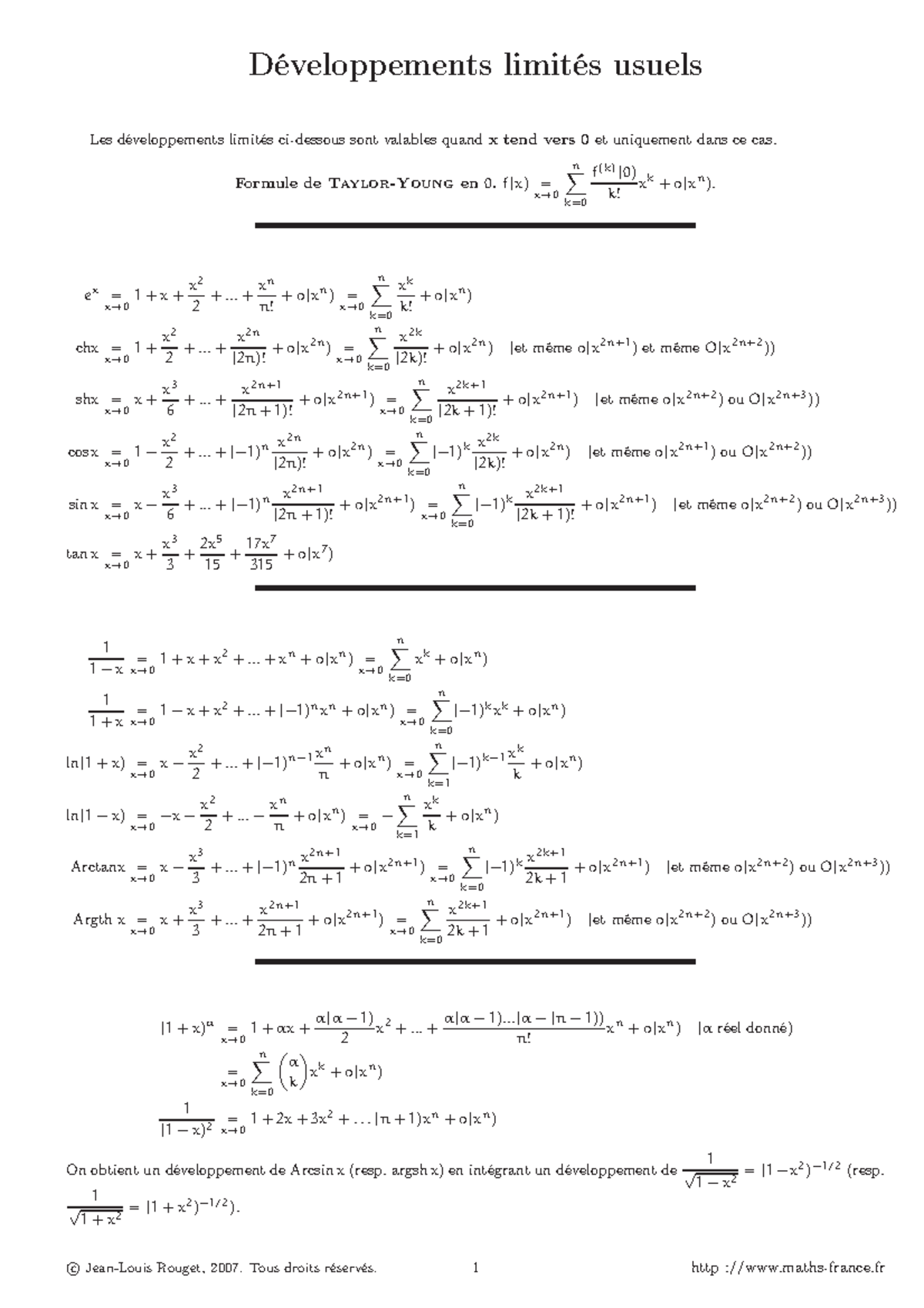 Formulaire DL - Développements limités usuels Les développements ...