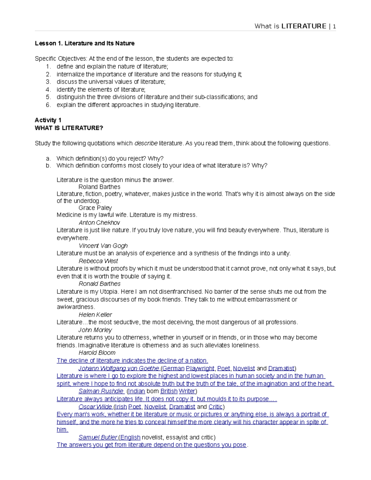 Lesson 1 LIT 01 lecture note - Lesson 1. Literature and Its Nature ...