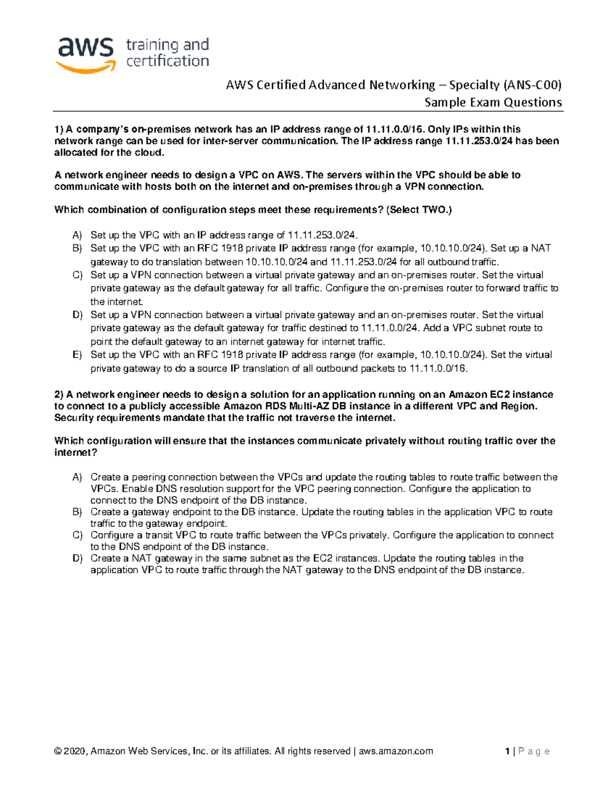 AWS-Certified-Advanced-Networking-Specialty Sample-Questions - Sample ...