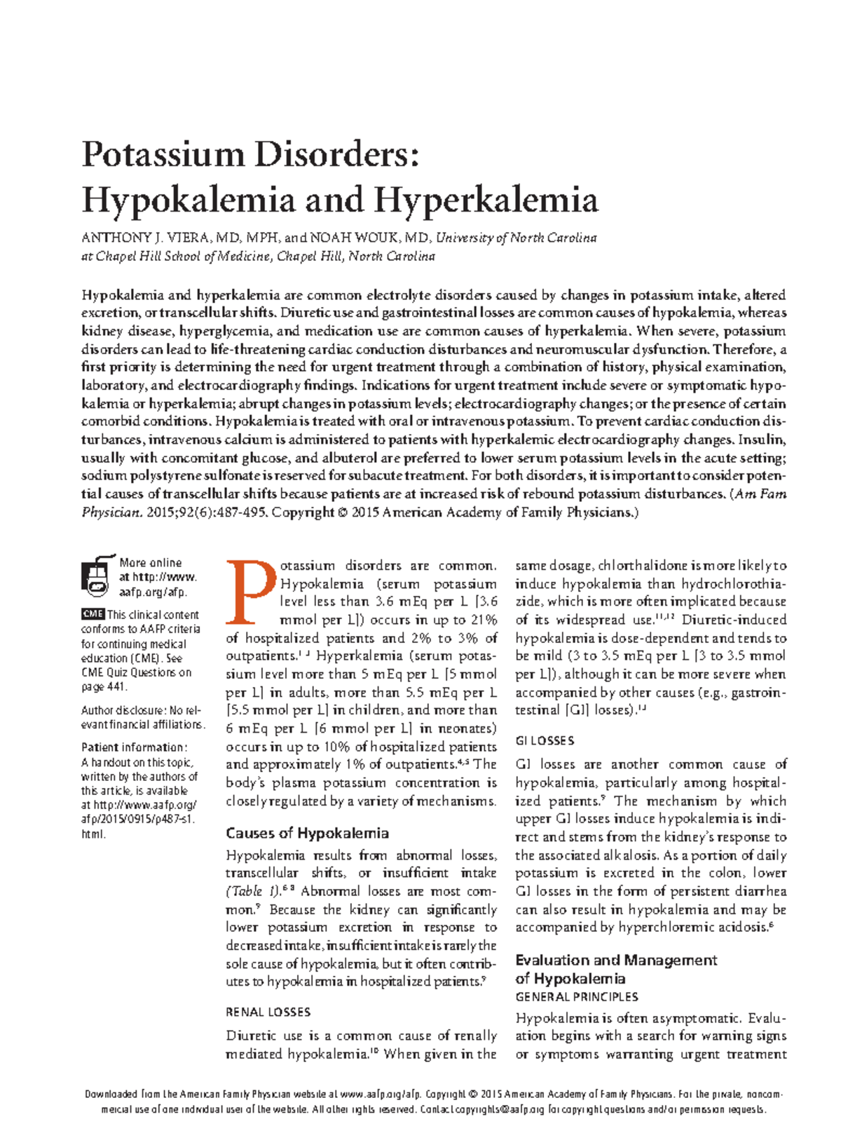 Potassium Disorders Hypokalemia and Hyperkalemia 2015 AFP - September ...
