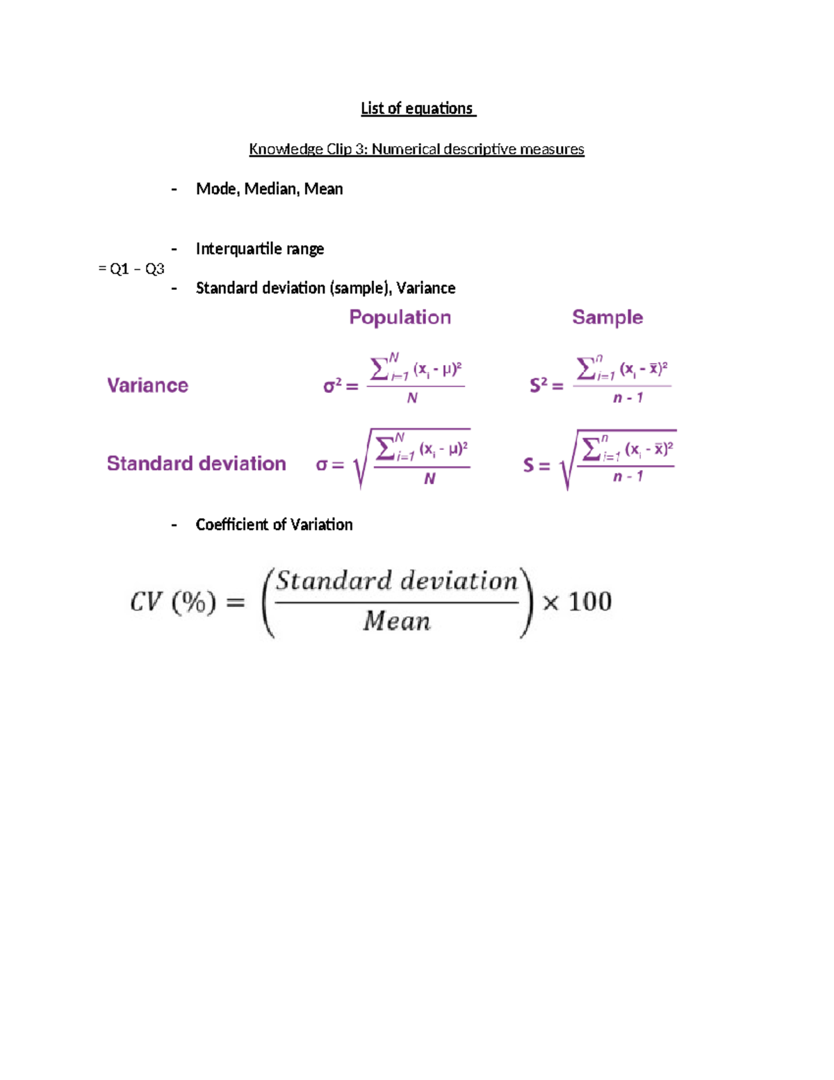 List of equations - Samenvatting Statistics for PRE-MSC - List of ...