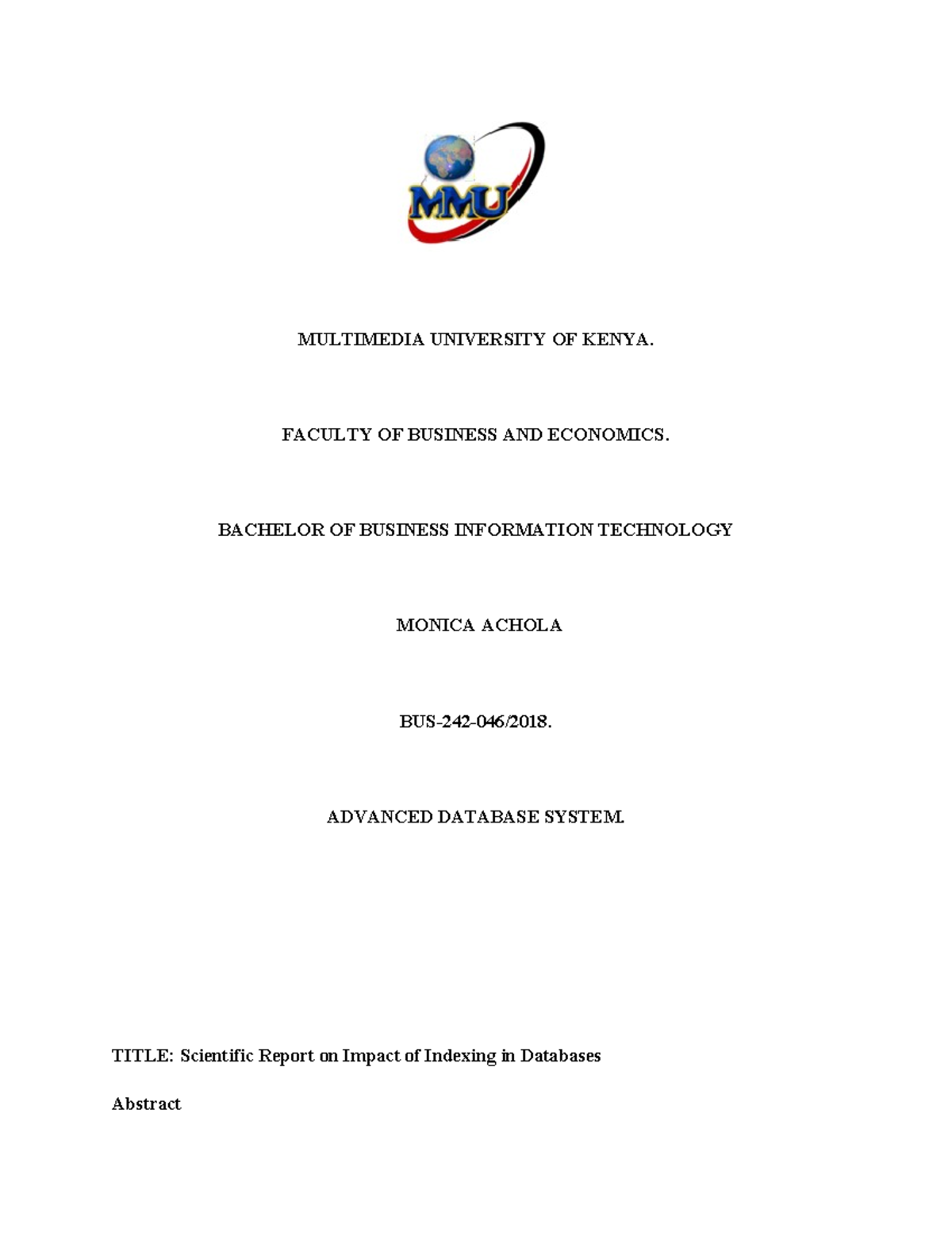 Advanced Database systems report - MULTIMEDIA UNIVERSITY OF KENYA ...