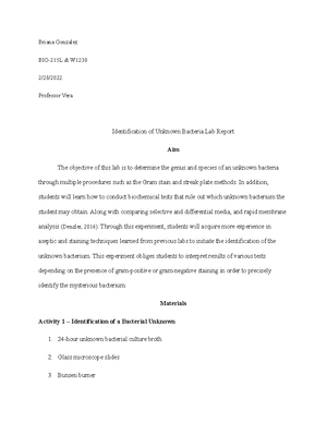 Unknown Bacteria Lab Report - W BIO-215L Identification of Unknown ...