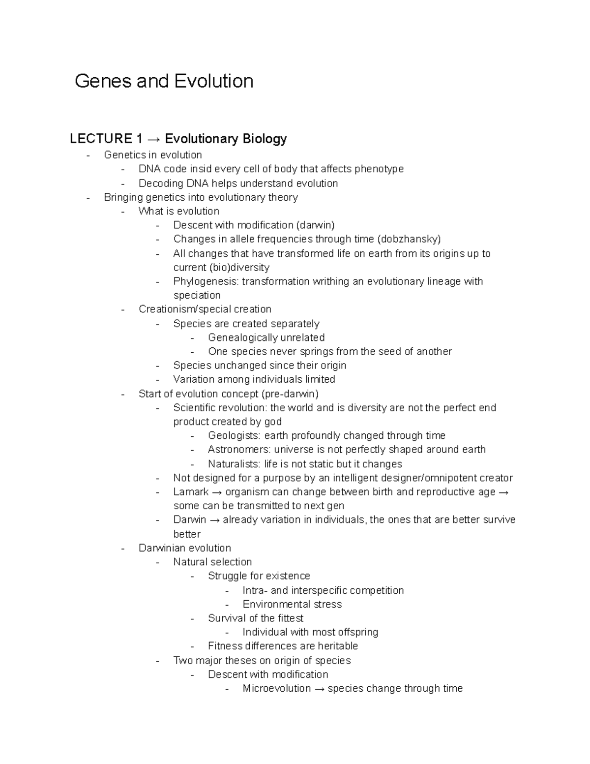 Genes and Evolution - summary of lectures - Genes and Evolution LECTURE ...