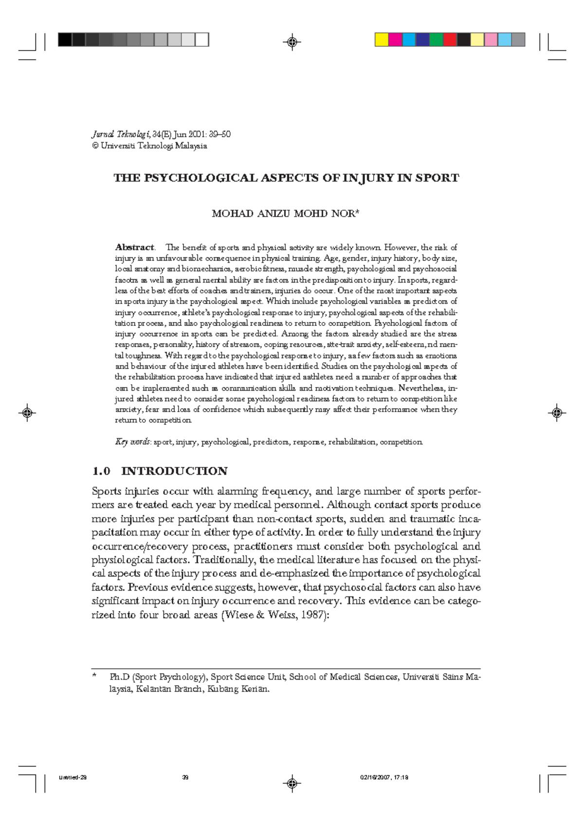 The Psychological Aspects Of Injury In S - THE PSYCHOLOGICAL ASPECTS OF ...