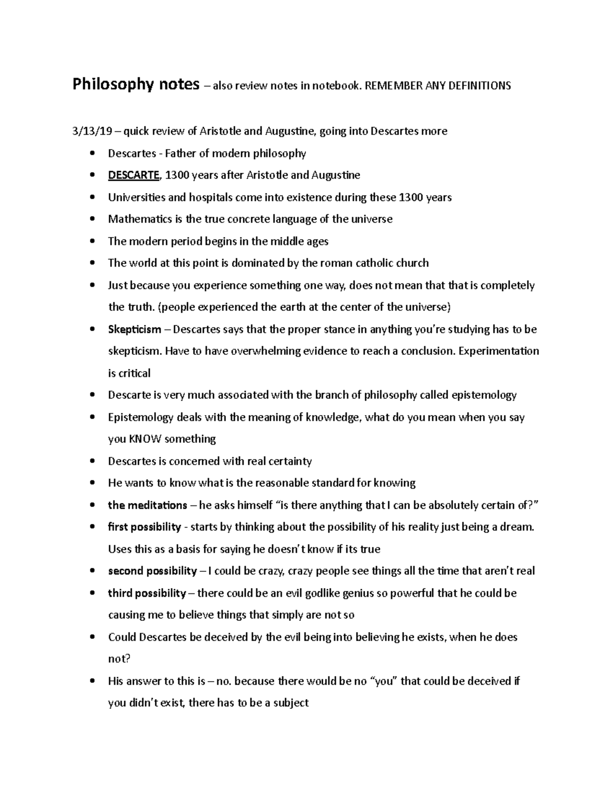 Philosophy notes - REMEMBER ANY DEFINITIONS 3/13/19 – quick review of ...