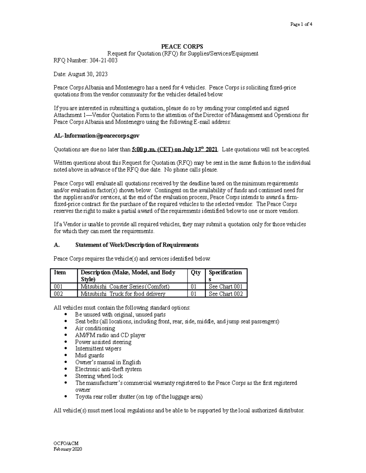 Vehicle Request for Quotation RFQ - PEACE CORPS Request for Quotation ...