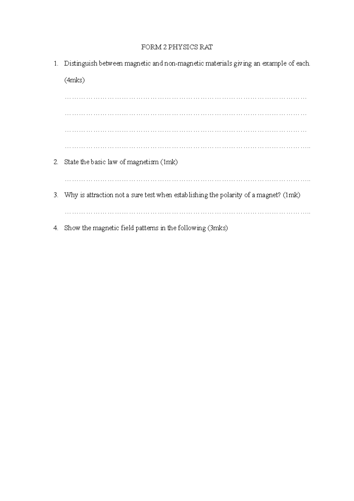 FORM 2 Physics RAT - Practice questions - FORM 2 PHYSICS RAT ...