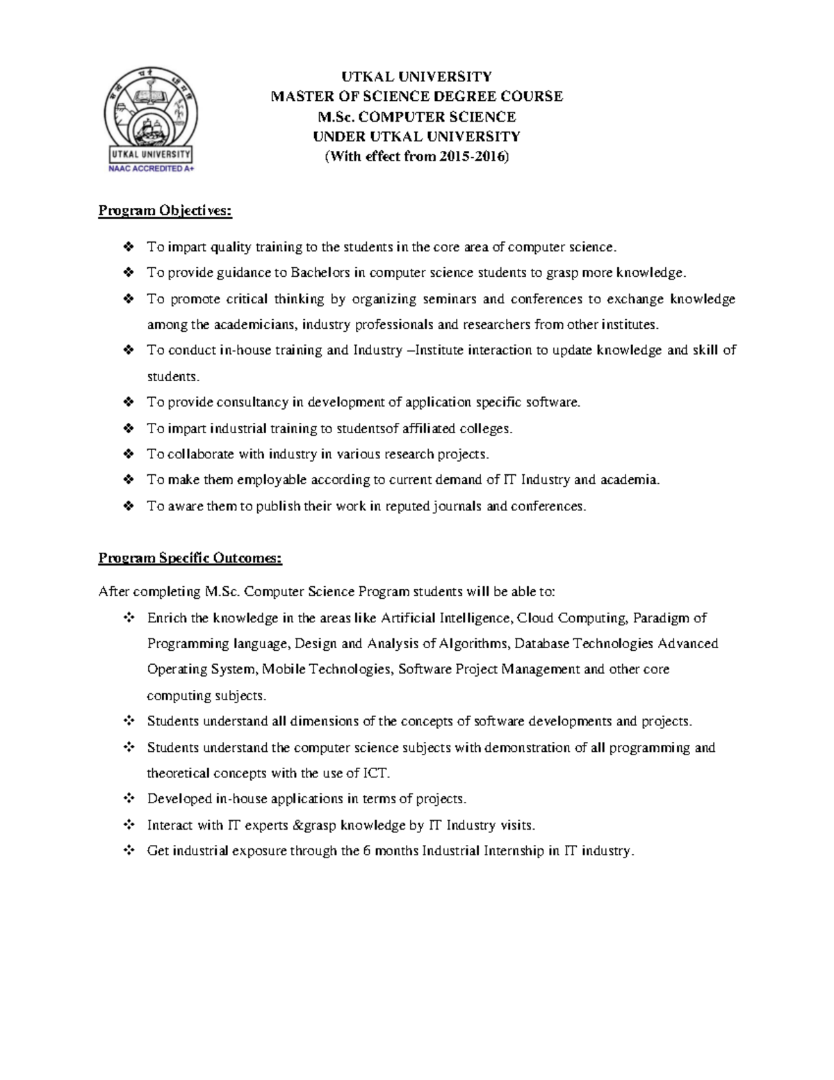 MSc CS-Syllabus - UTKAL UNIVERSITY MASTER OF SCIENCE DEGREE COURSE M ...