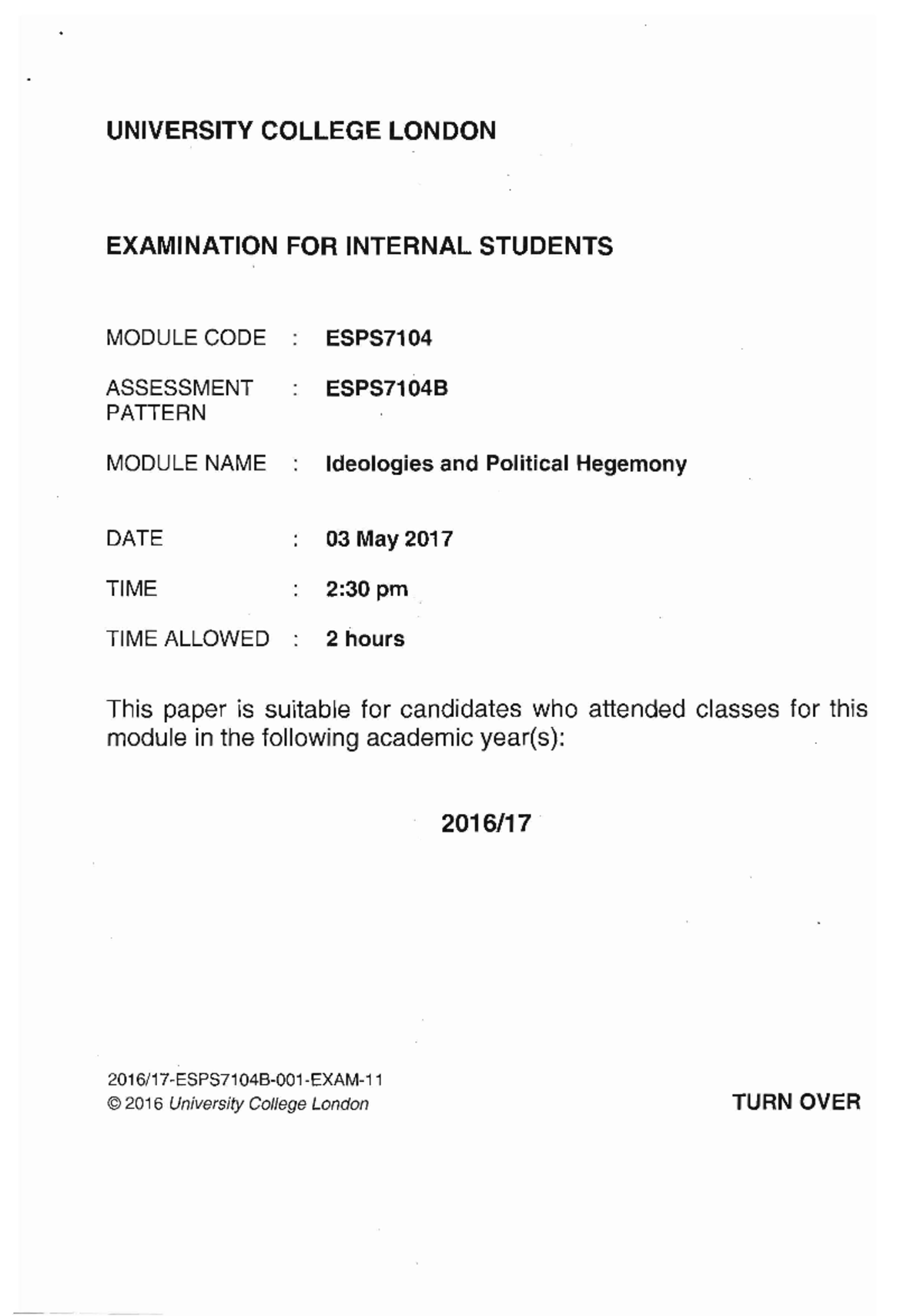 Sample/practice exam - UNIVERSITY COLLEGE LONDON EXAMINATION FOR INTERNAL STUDENTS MODULE CODE ...