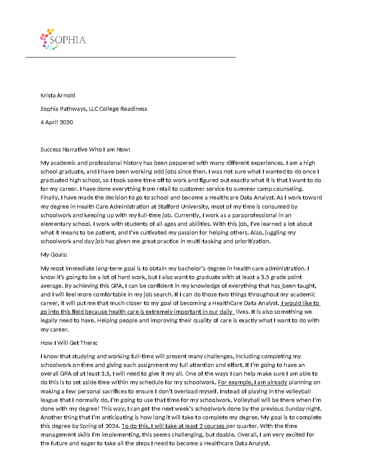 CR-Updated Sample - Krista Arnold Sophia Pathways, LLC College ...