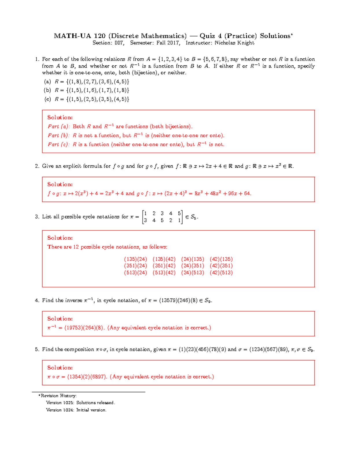 Practice Quiz 4 solutions - MATH-UA 120 (Discrete Mathematics) — Quiz 4 ...