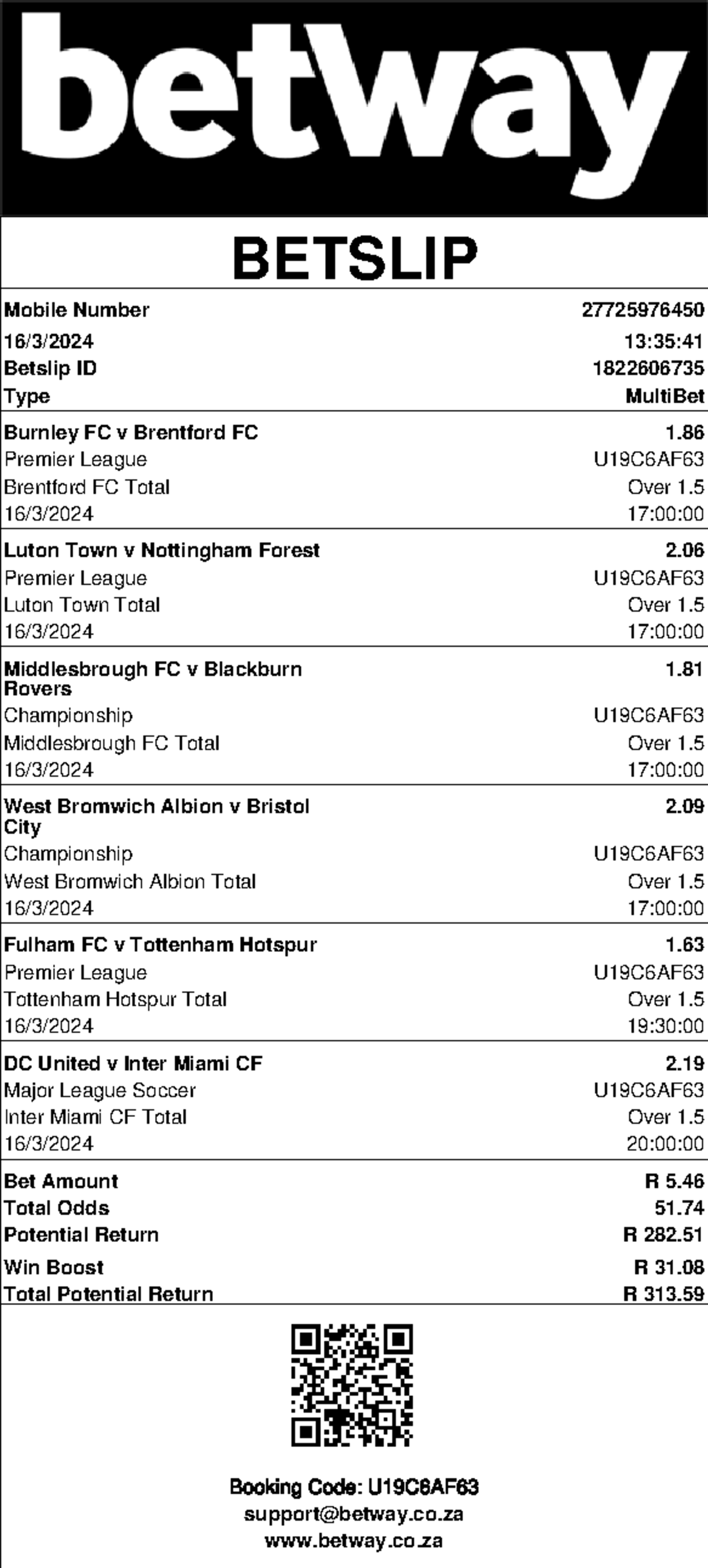 Betway U19C6AF63 - Learners to practice - BETSLIP 16/3/2024 17:00: 16/3 ...