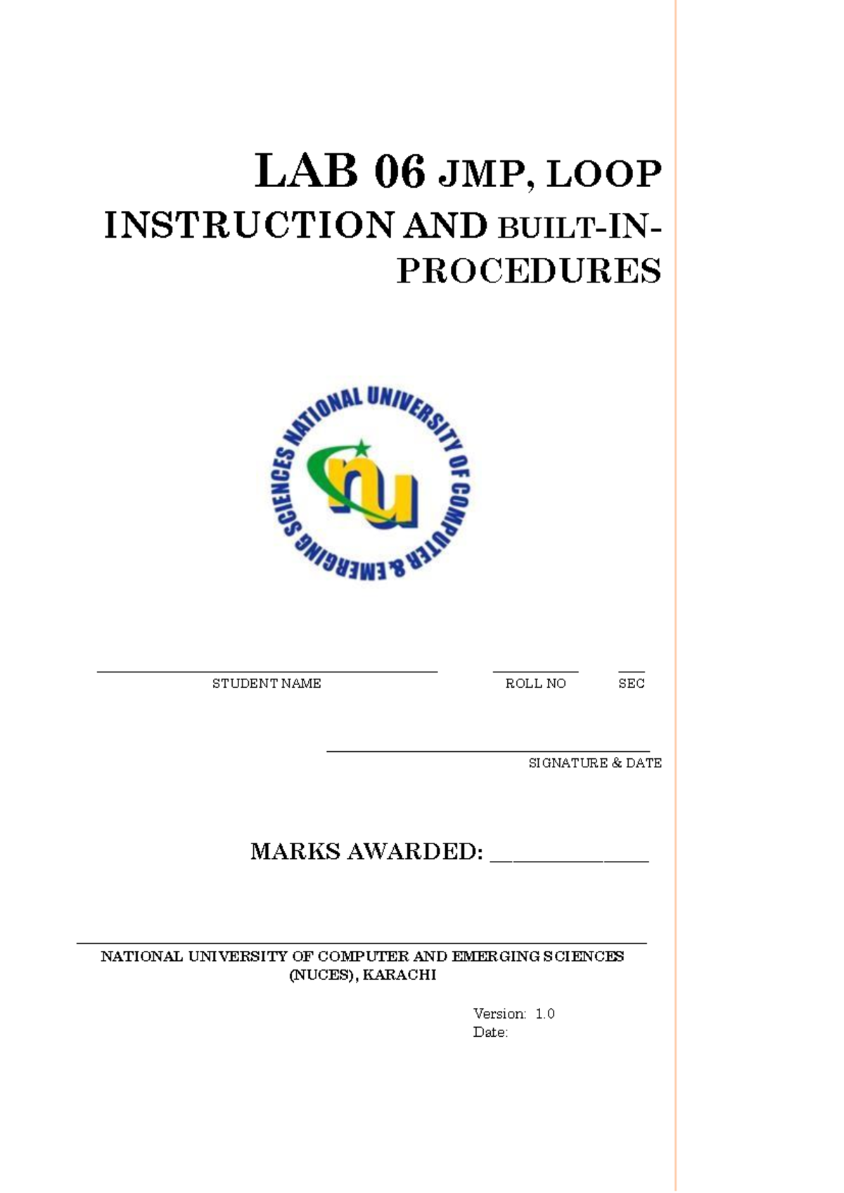 COAL LAB 6 - COAL Lab Manual - LAB 06 JMP, LOOP INSTRUCTION AND BUILT ...