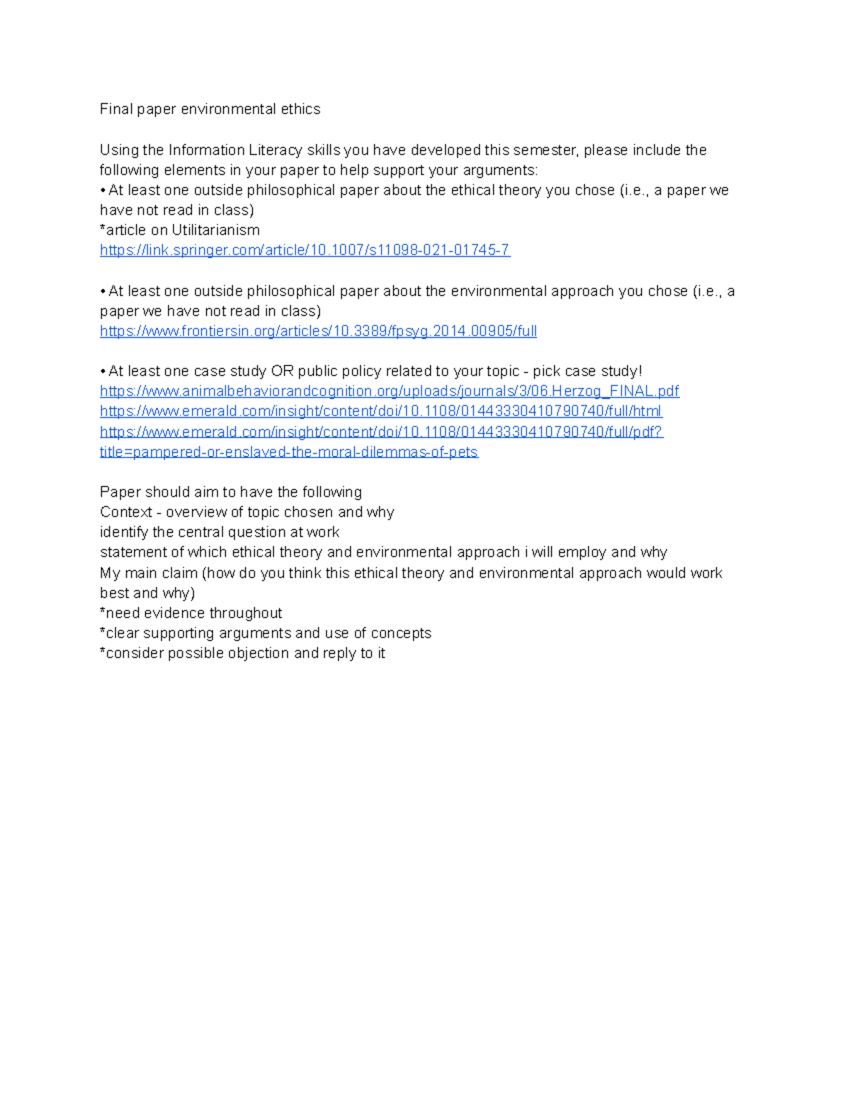 Final paper environmental ethics - , a paper we have not read in class ...