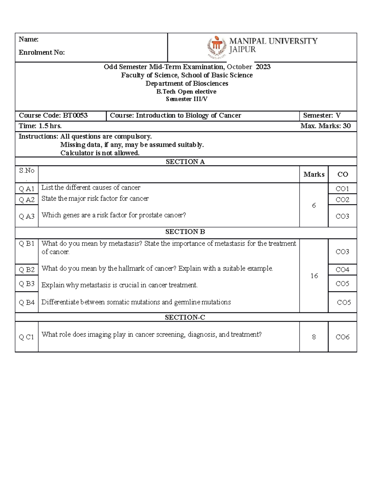 MTE question paper 2023 - Name: Enrolment No: Odd Semester Mid-Term Examination, October 2023 ...