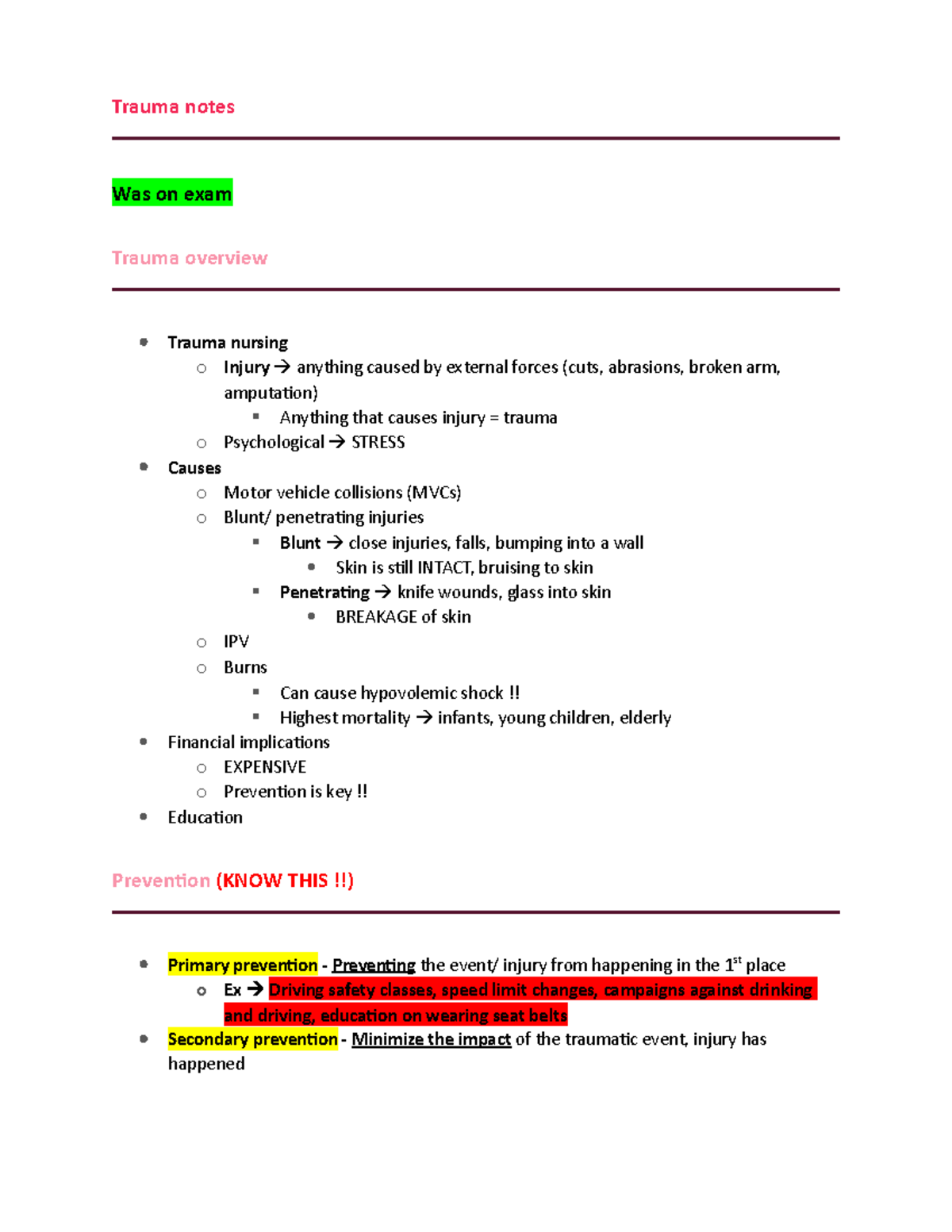 Trauma lecture notes - Trauma notes Was on exam Trauma overview Trauma ...