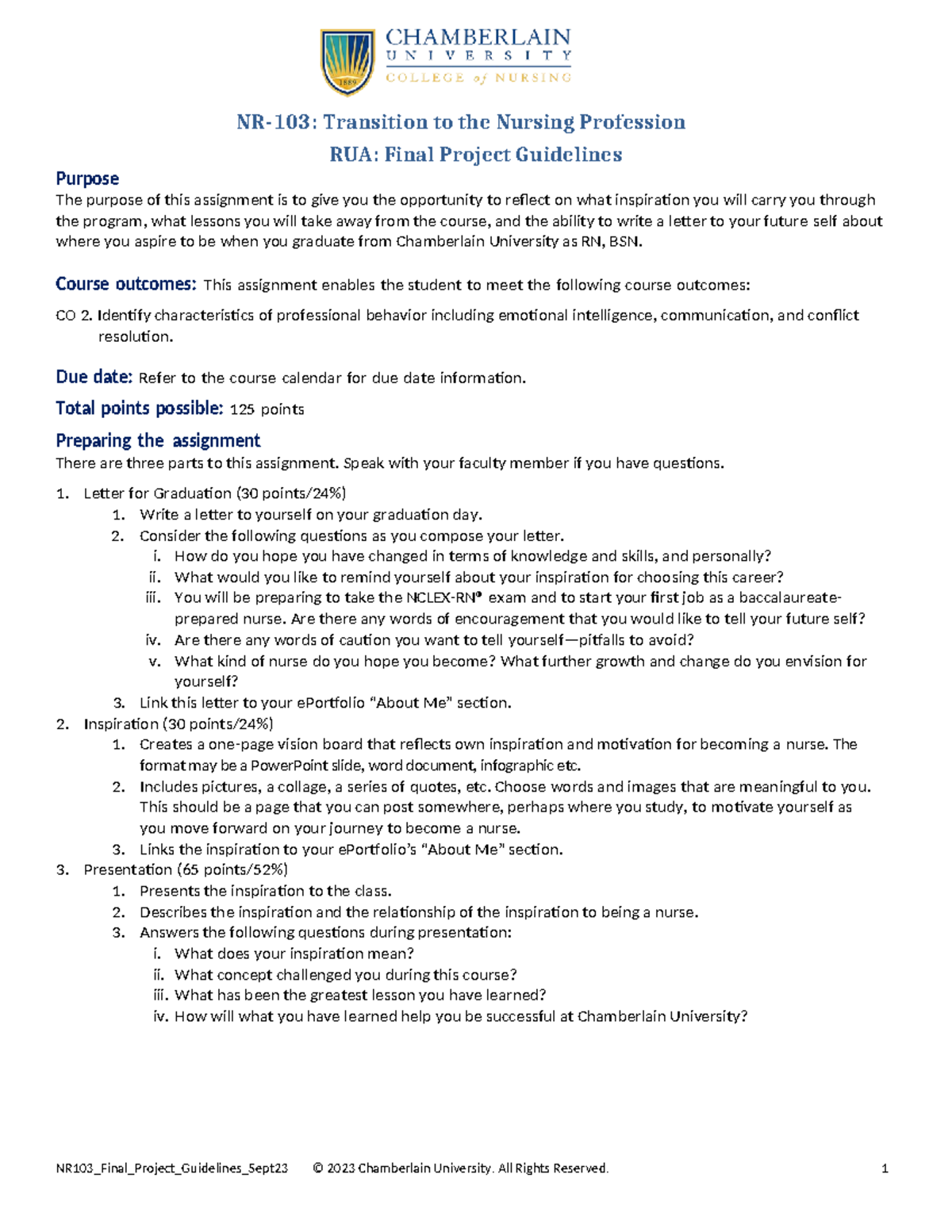 NR103 Final Project Guidelines Sept2023 - NR-103: Transition to the ...