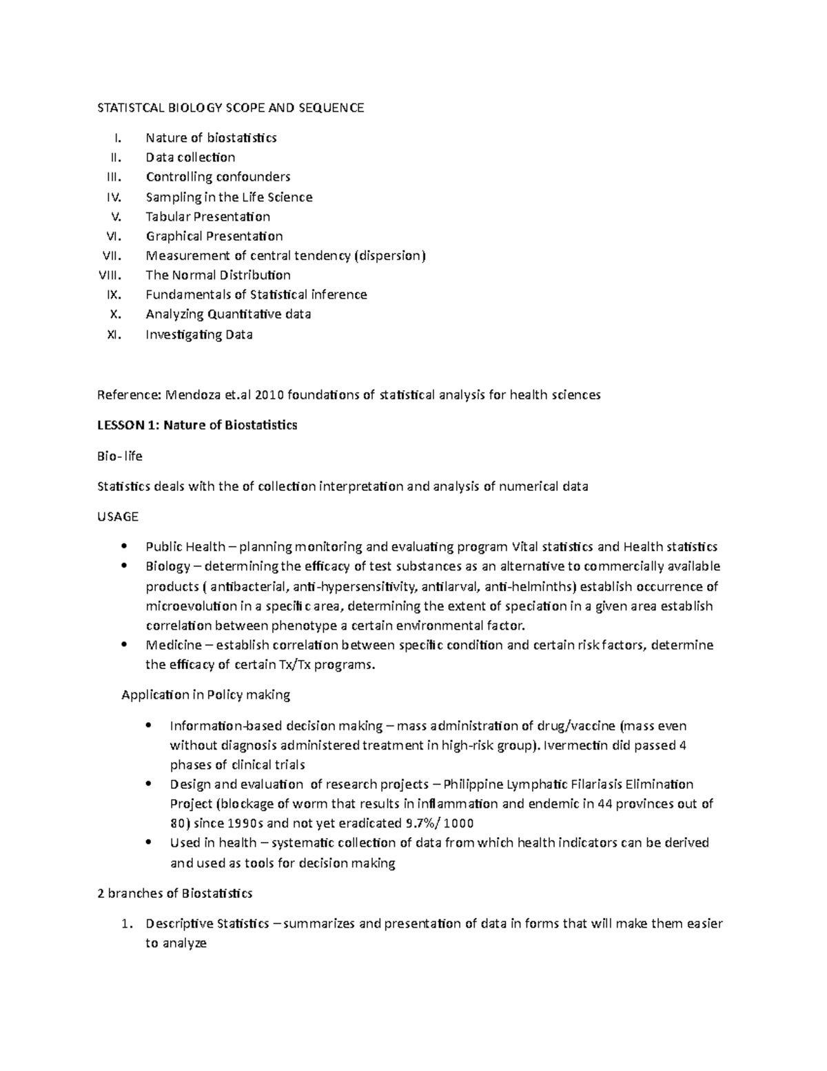 Statistcal Biology Lectures - STATISTCAL BIOLOGY SCOPE AND SEQUENCE I ...