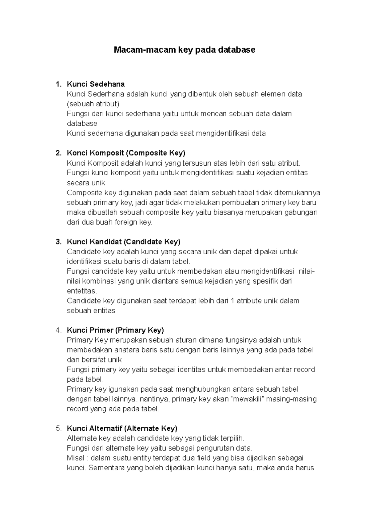 1214 Dhava Bagus Saputra - Macam-macam key pada database Kunci Sedehana ...