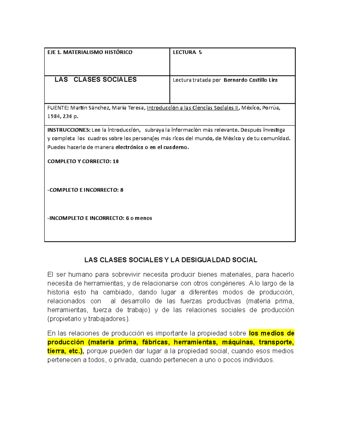 Las clases sociales - EJE 1. MATERIALISMO HISTÓRICO LECTURA 5 LAS ...