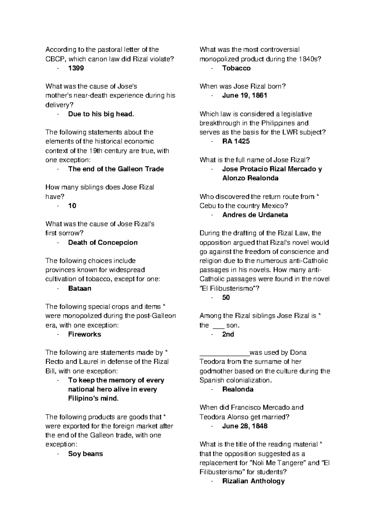 Rizal - N/A - According to the pastoral letter of the CBCP, which canon ...