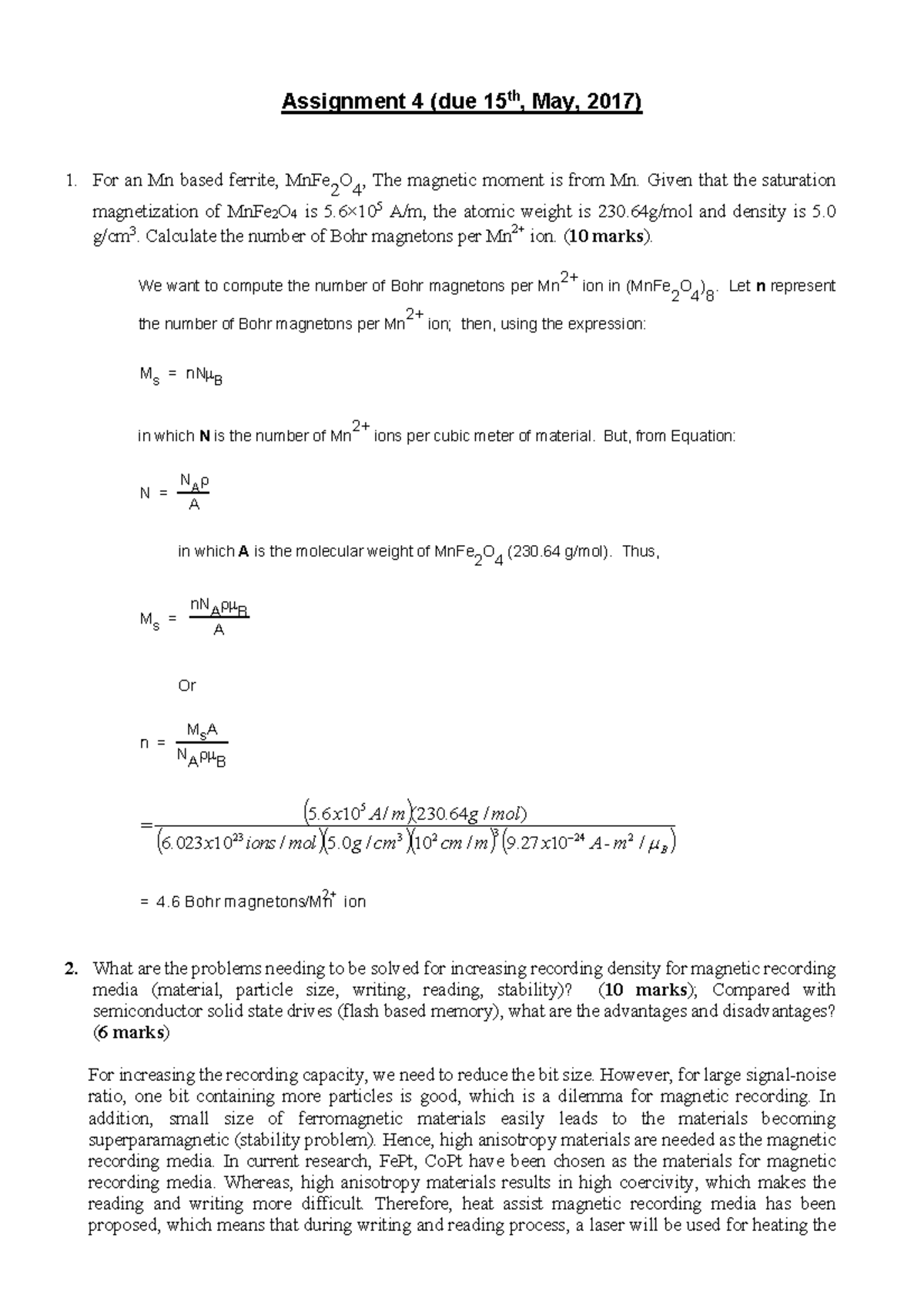 Assignment-3-solution - Assignment 4 (due 15 th, May, 2017) For an Mn based ferrite, MnFe 2 O 4 ...