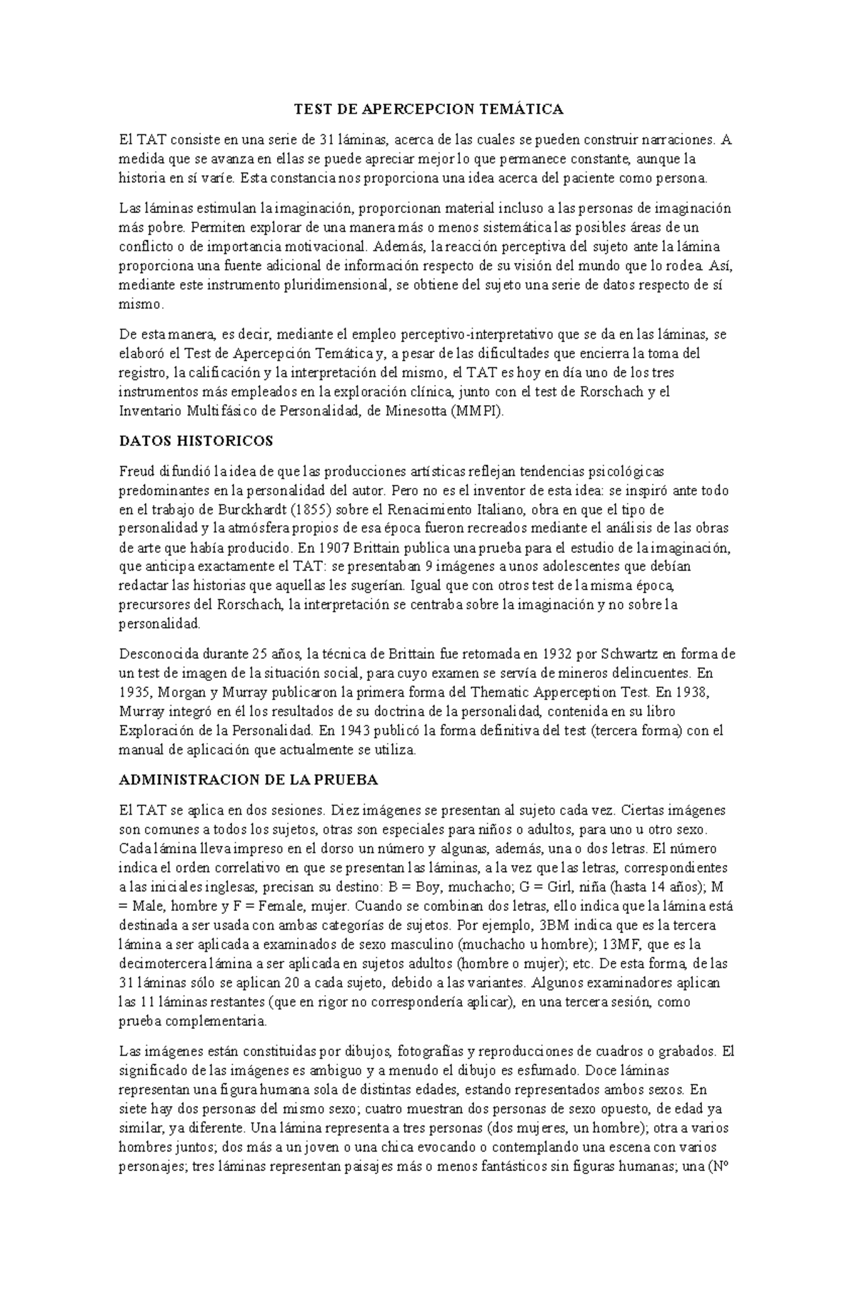 TEST DE Apercepcion Temática - TEST DE APERCEPCION TEMÁTICA El TAT ...