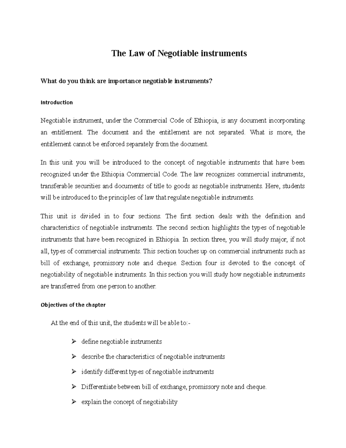 Chapter Five - CH4 - The Law of Negotiable instruments What do you ...