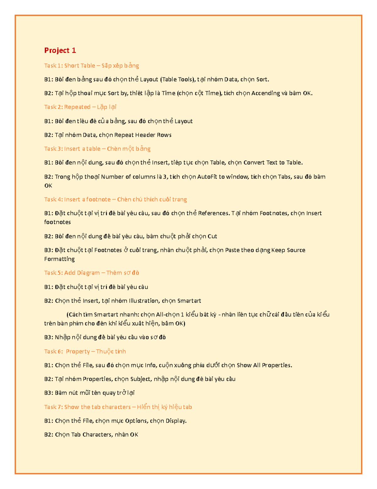 Mos - Word - kml - Project 1 Task 1: Short Table – Sắắp xếắp b ảng B1: Bôi đen b ảng sau đó ch ...