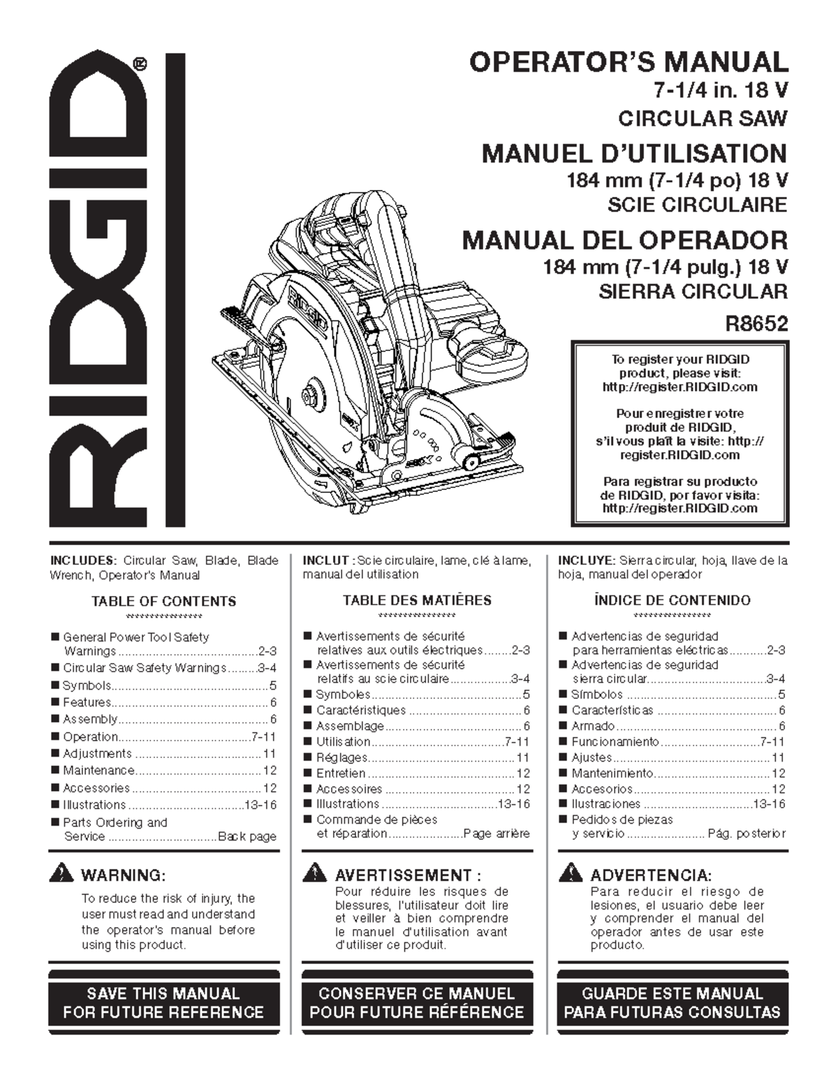 R8652 271 trilingual 03 - To register your RIDGID product, please visit ...