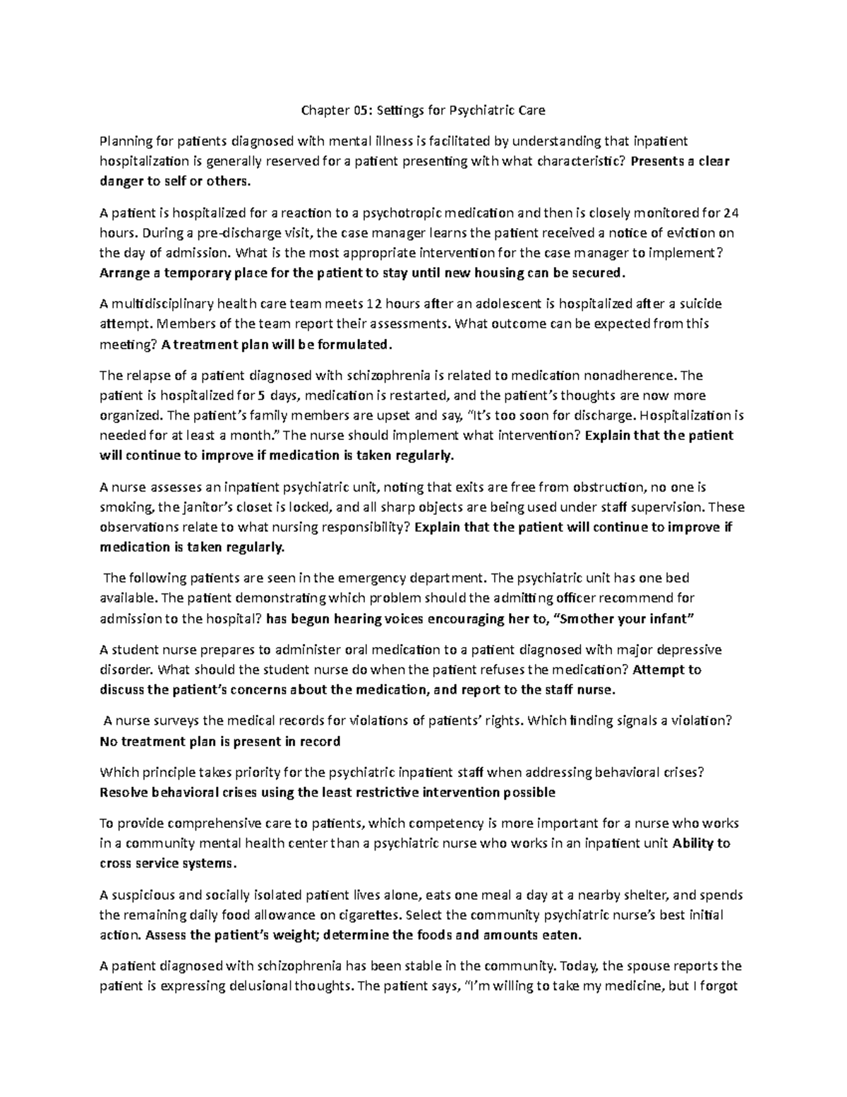 Chapter 05 test bank answers - Chapter 05: Settings for Psychiatric ...