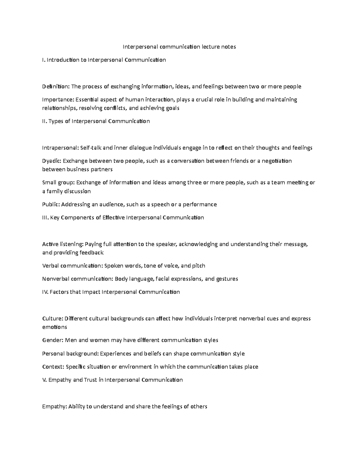 Interpersonal communication lecture notes - Introduction to ...