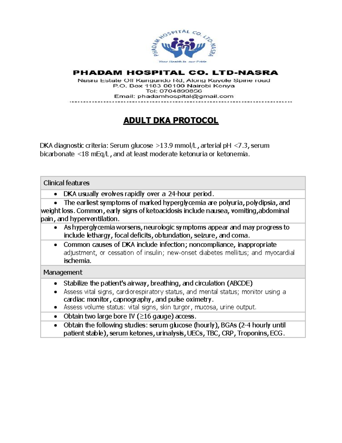 Phadam Nasra DKA Protocol - ADULT DKA PROTOCOL DKA diagnostic criteria ...