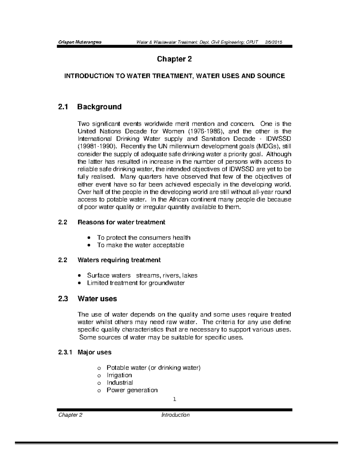 Chapter 2 Introduction to water teatment, water uses and sources - 1 ...