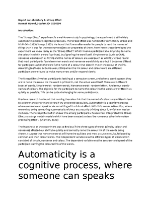 The Stroop Effect - C+ Grade - 1 Laboratory Report Experiment: The ...