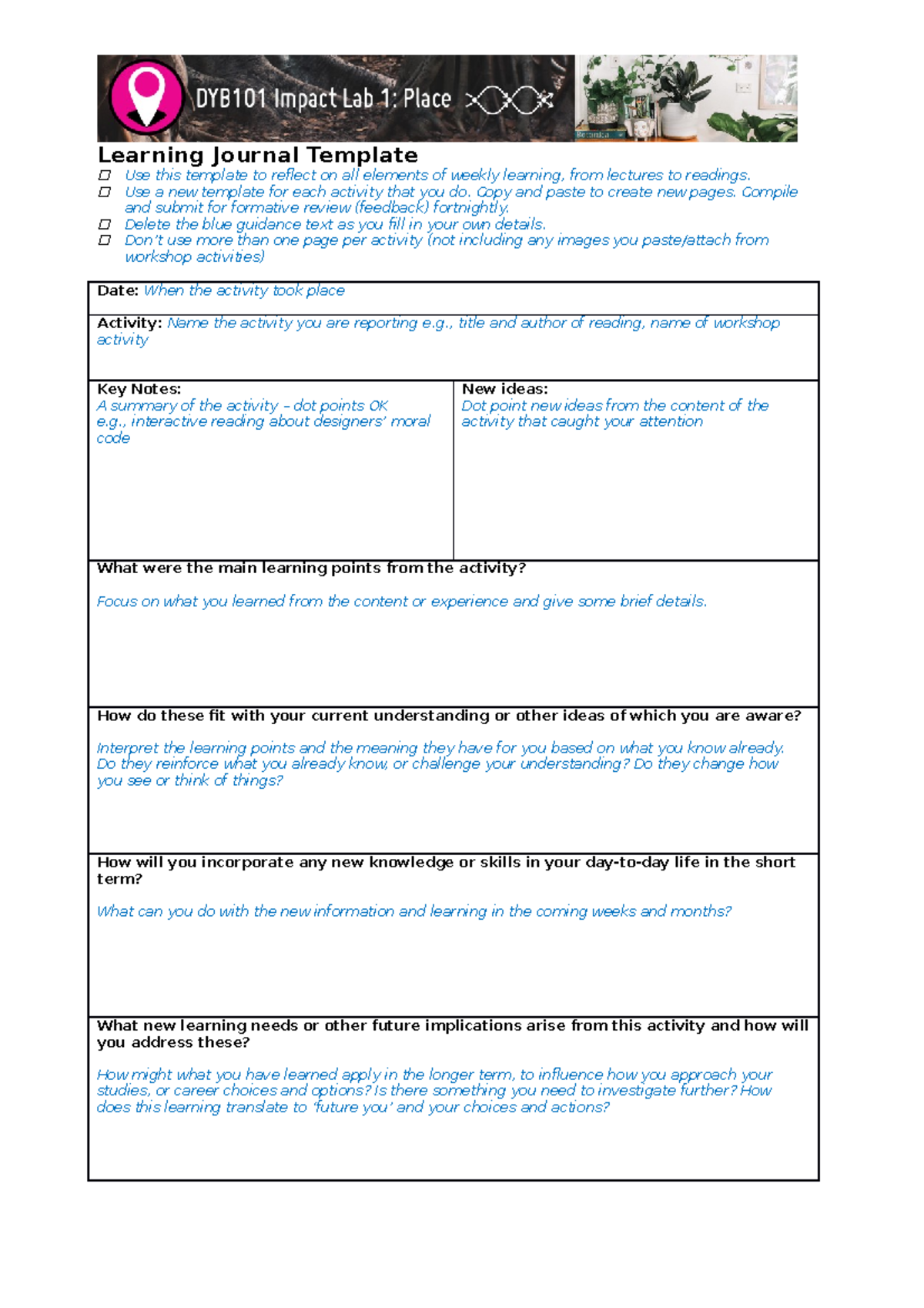 DYB101 Learning Journal Template(1) - Learning Journal Template o Use ...