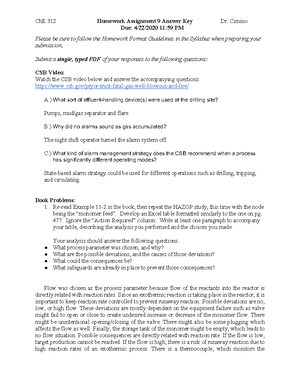 Ch E 312 HW 4 Answer Key - Due: Wednesday 3/4/20 11:59 PM Please be ...