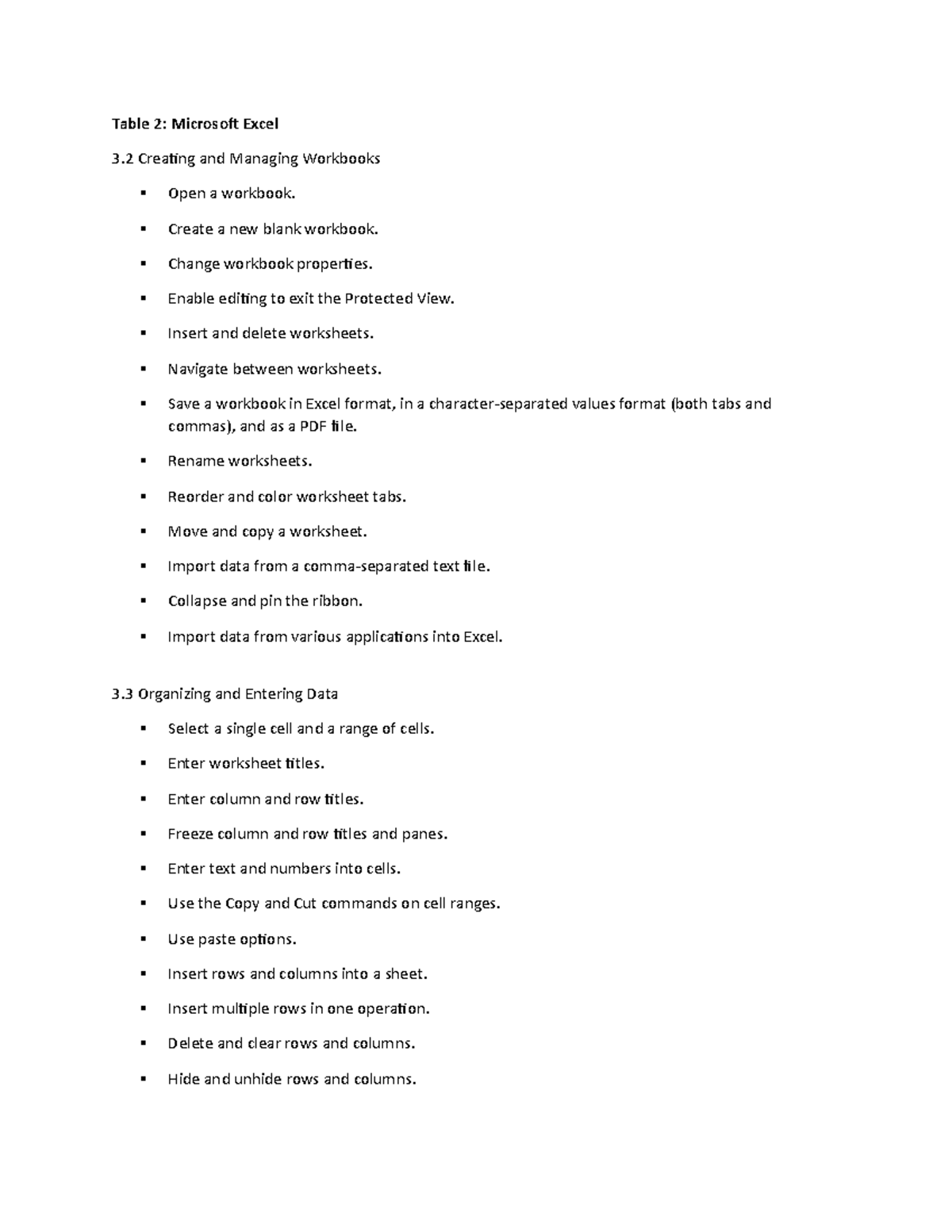 Lecture Notes 1 - Table 2: Microsoft Excel 3 Creating and Managing ...