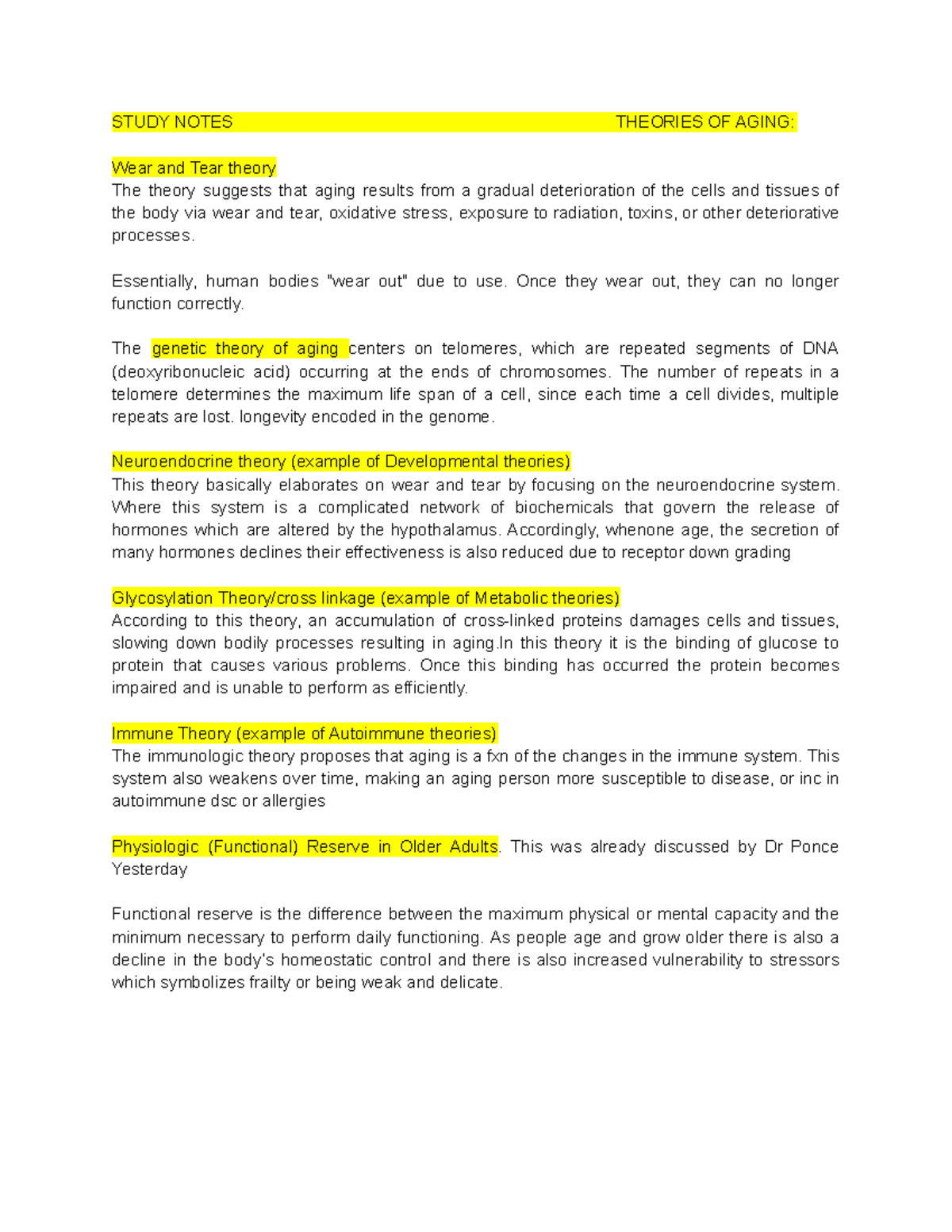Theories of Aging - STUDY NOTES THEORIES OF AGING: Wear and Tear theory ...