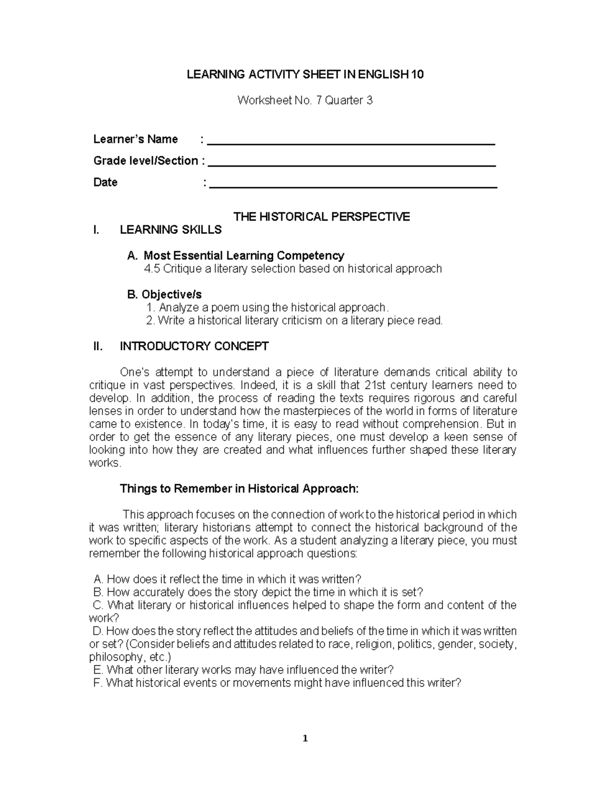 English 10-Q3-LAS-7 - LEARNING ACTIVITY SHEET IN ENGLISH 10 Worksheet ...