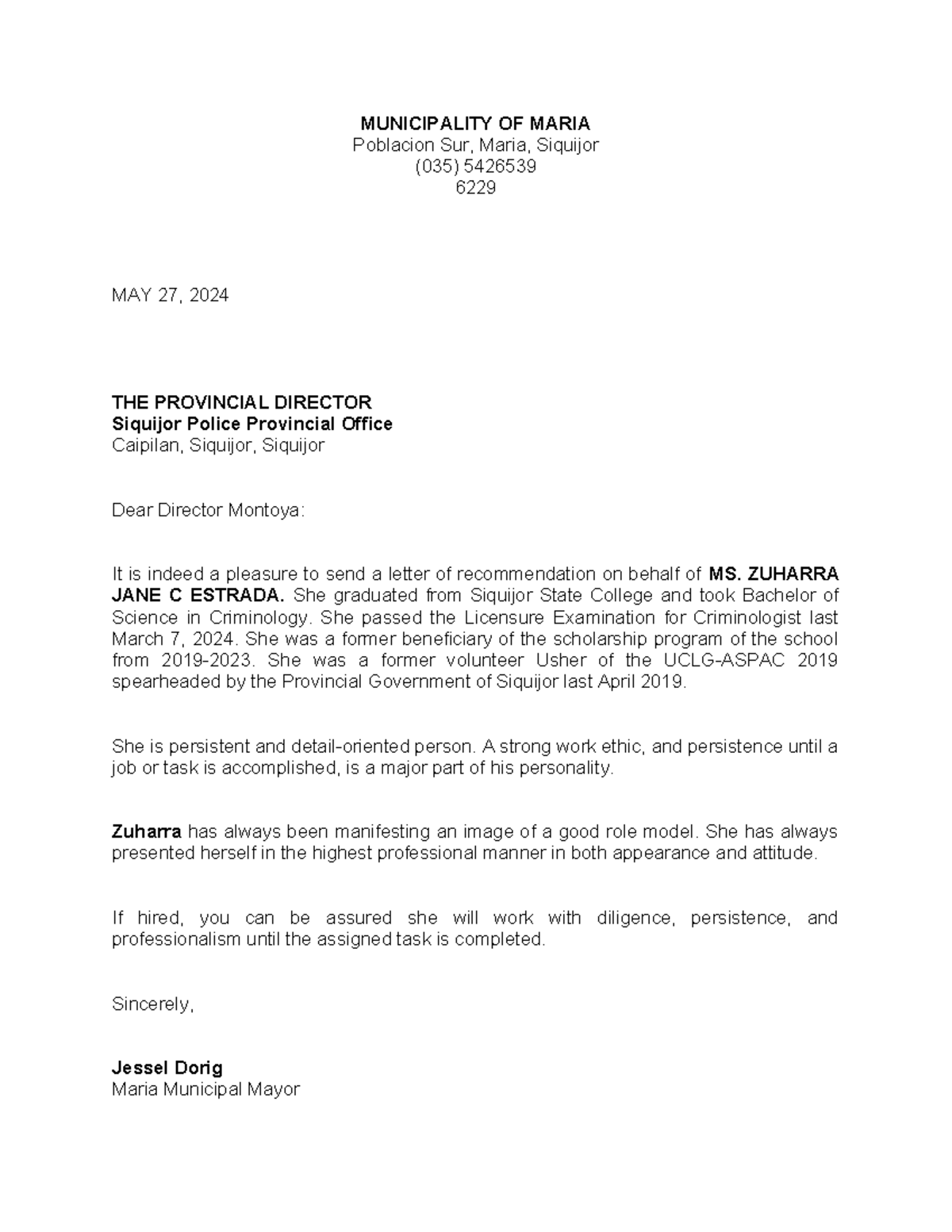 Recommendation - civilian letter - MUNICIPALITY OF MARIA Poblacion Sur ...