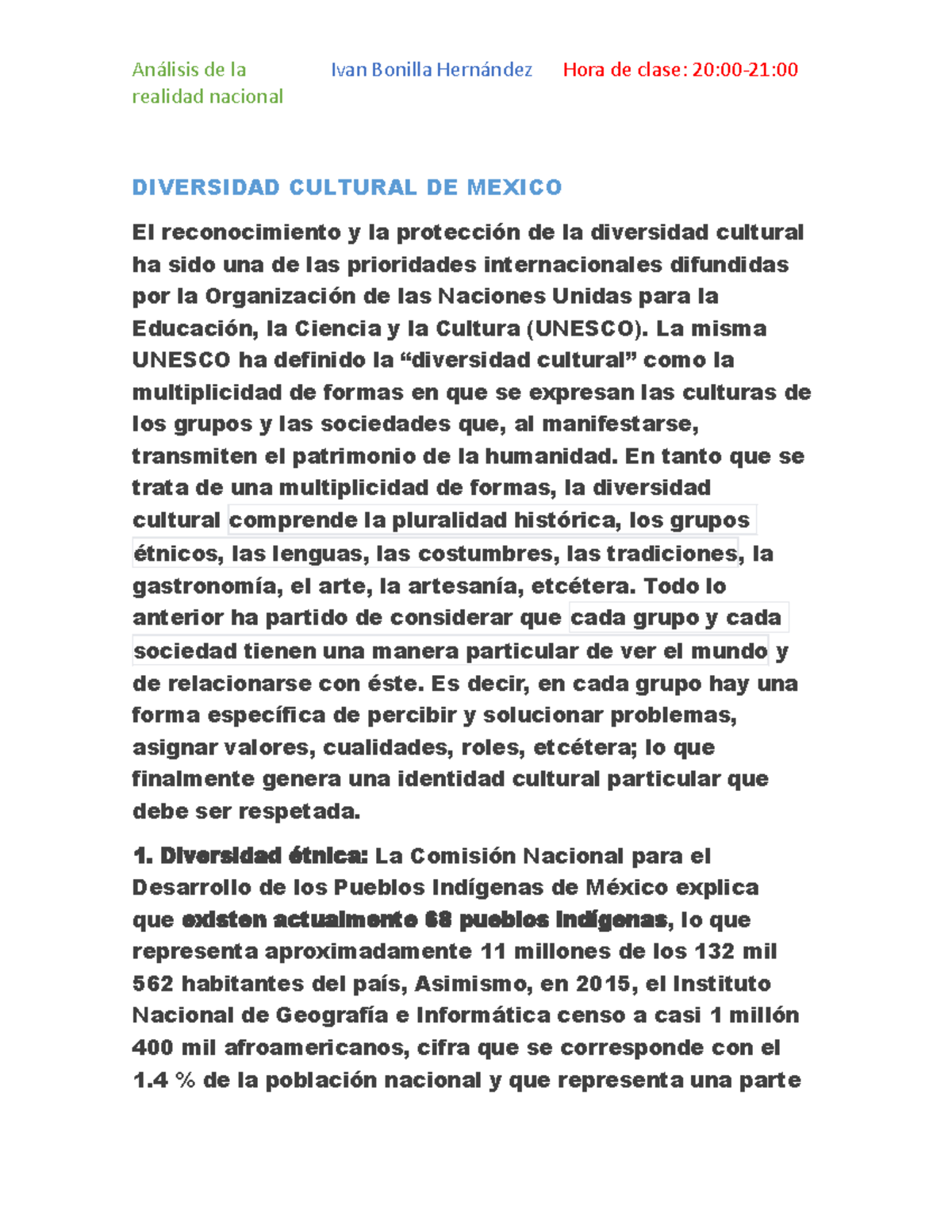Diversidad Cultural DE Mexico - Análisis de la Ivan Bonilla Hernández ...